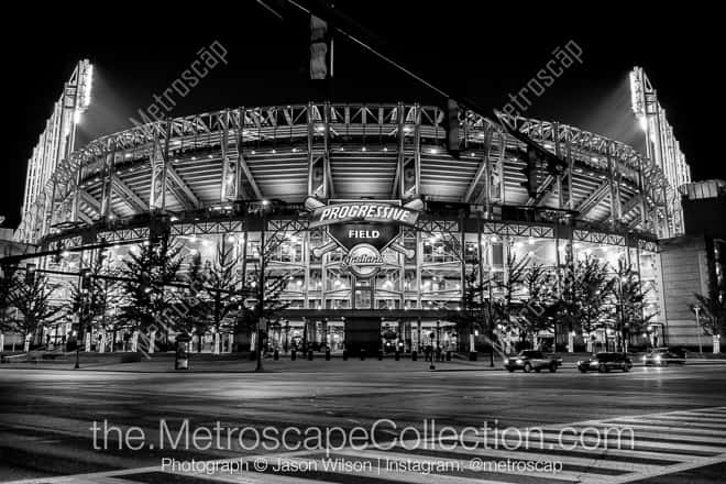 Progressive Field at Night during the 2016 World Series black and white ...