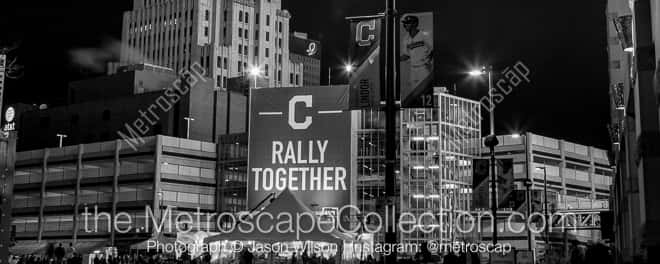 The Big Rally Together Banner behind Left Field black and white Photography