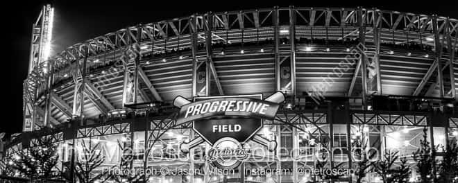 The World Series in Progressive Field at Night black and white Photography