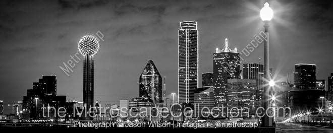 The Dallas Texas Skyline at Night black and white Photography