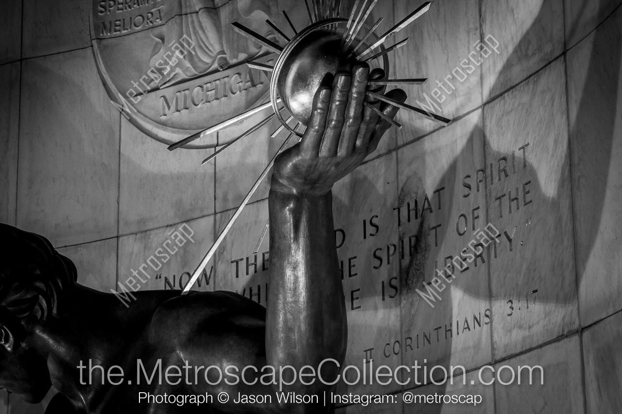 The Spirit of Detroit Left Hand at Night black and white Photography