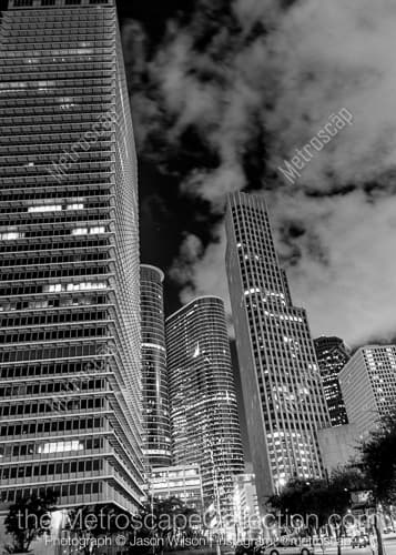 Downtown Houston Buildings at Night black and white Photography