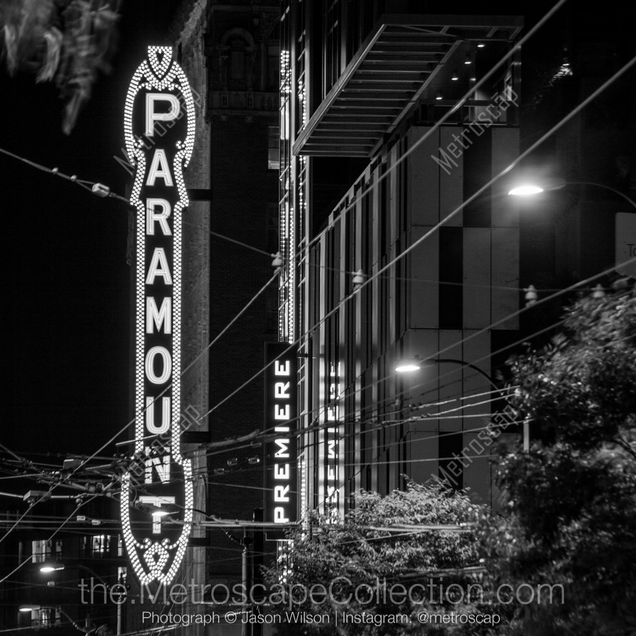 The Paramount Theater at Night black and white Photography