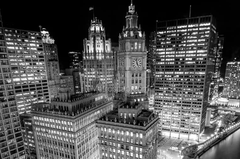 Chicago at Night black and white Photography