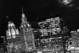 Chicago Photography Black and White: Moonrise in Downtown Chicago at Night.