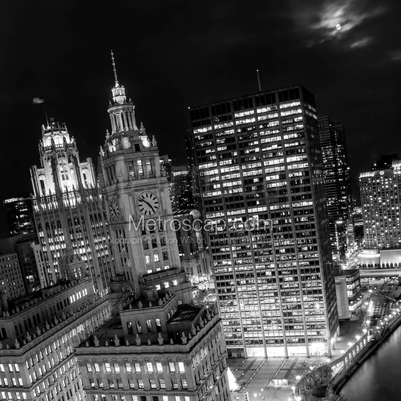 Chicago Photography Black and White: Moonrise in Downtown Chicago at Night.