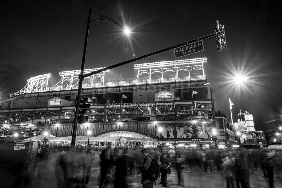 Wrigley Field Gate D Entrance on Addison St. black and white Photography