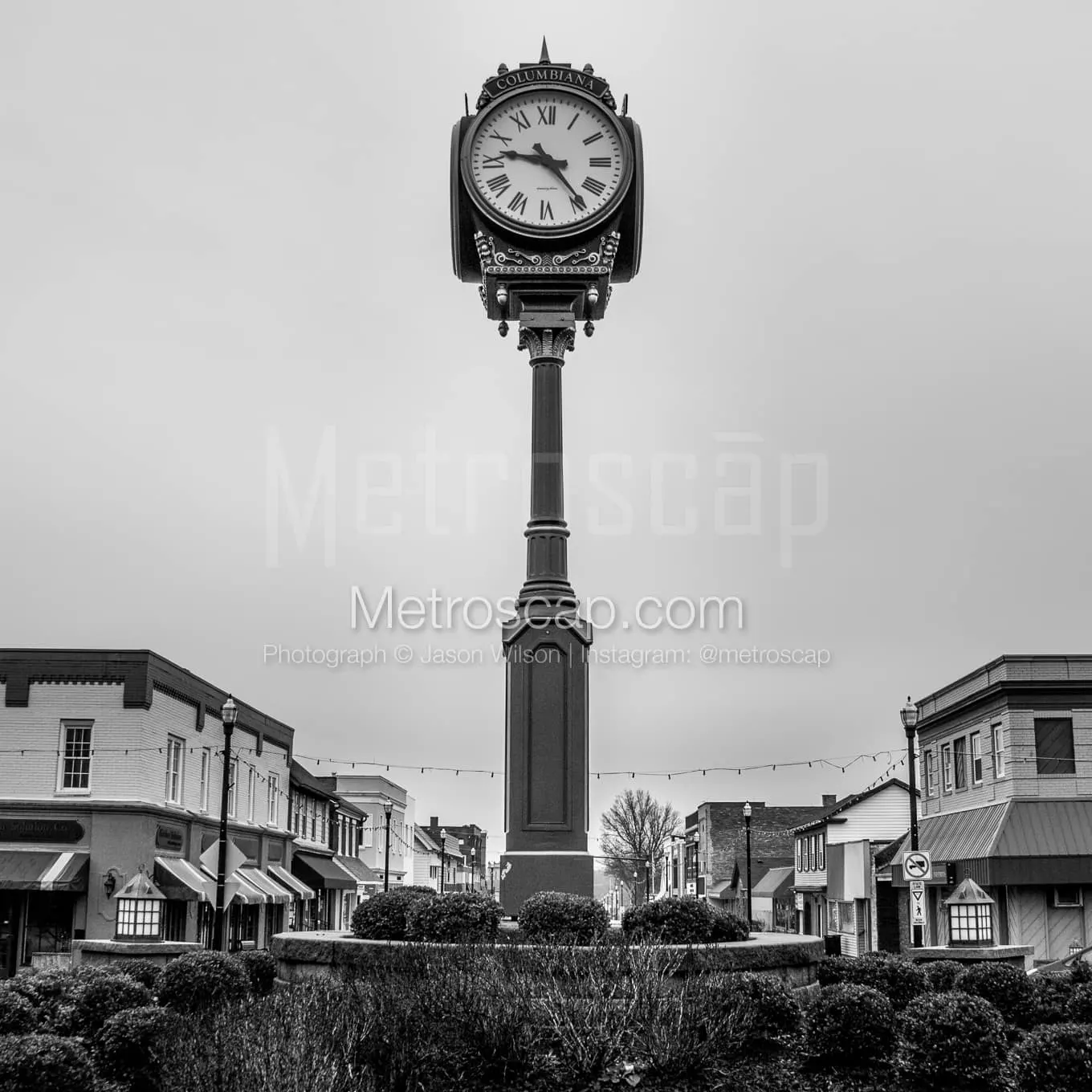 Columbiana Town Center Clock Black and White