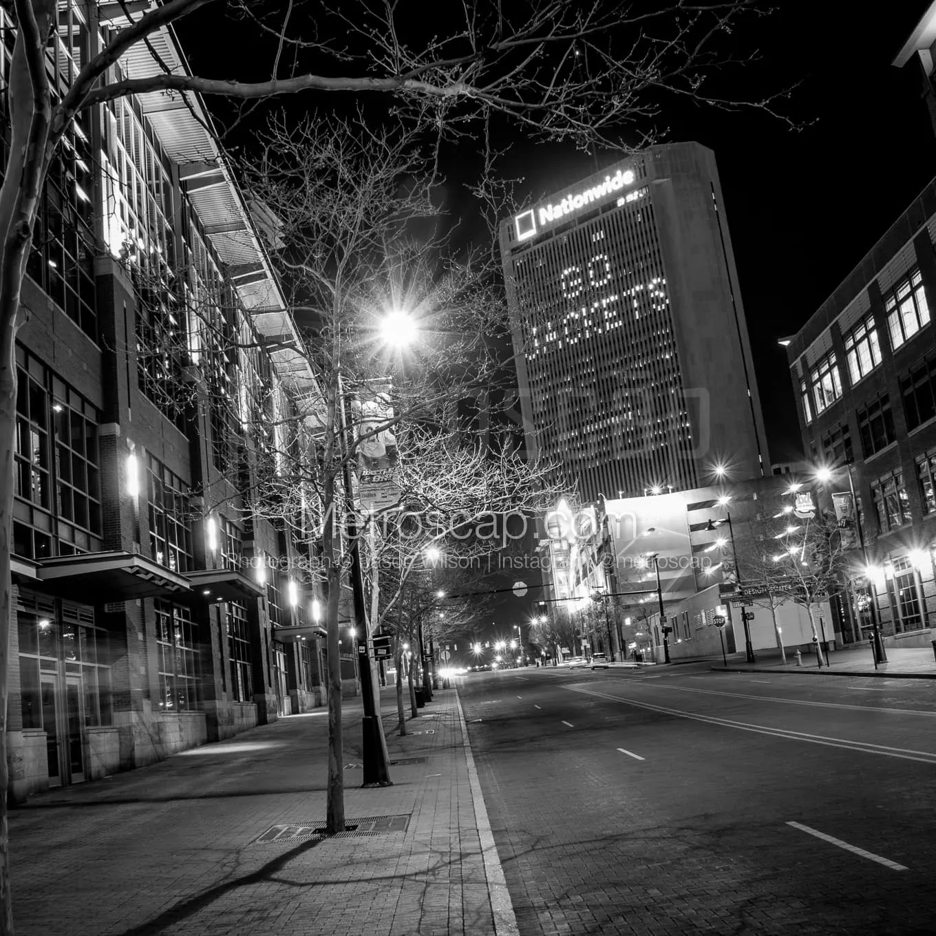 Nationwide Building With Go Jackets In Lights Black and White