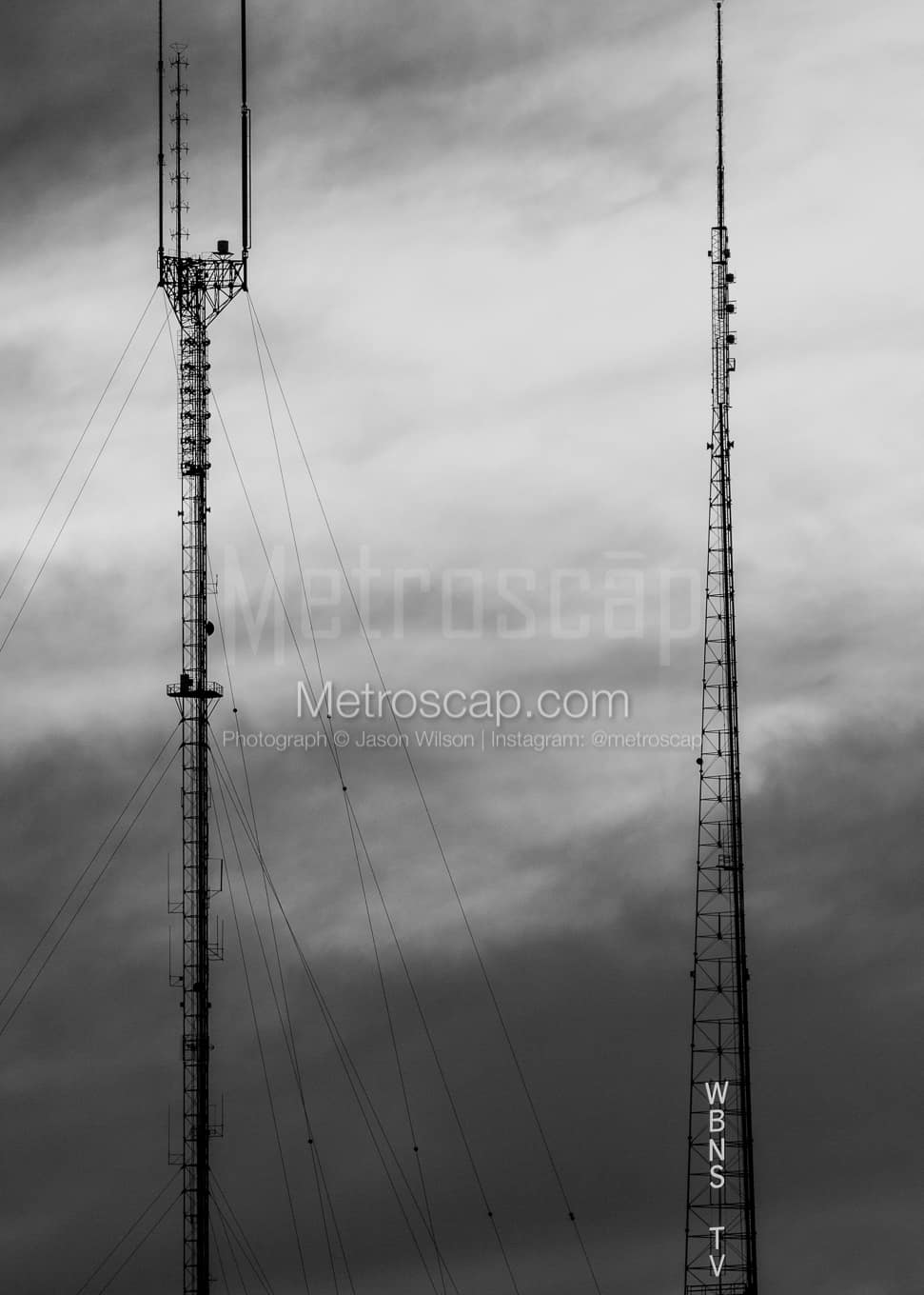 The WBNS-TV Towers off of 315 and 670 in Downtown Columbus black and white Photography