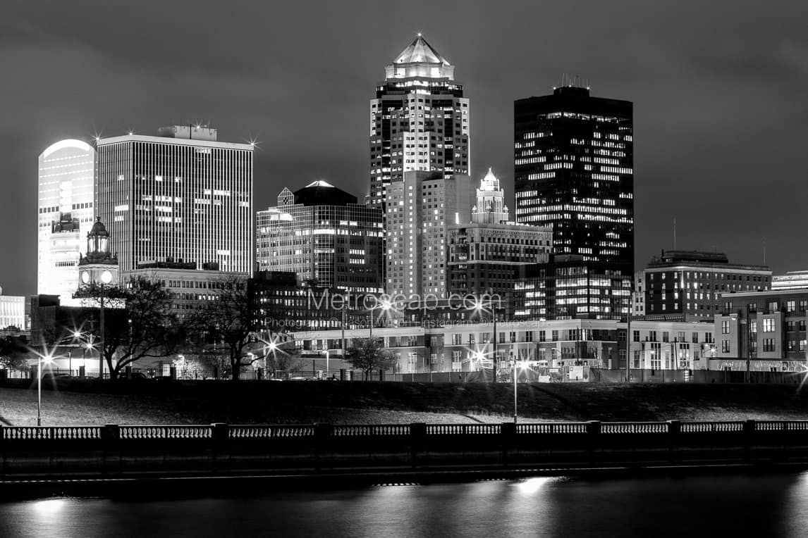 The Des Moines Iowa Skyline at Night black and white Photography