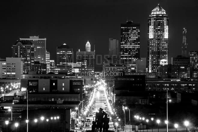 Downtown Des Moines Skyline at Night from Capitol black and white ...