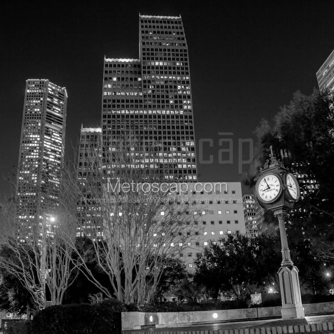 Houston Photography Black and White: Downtown Houston and Sweeney Clock
