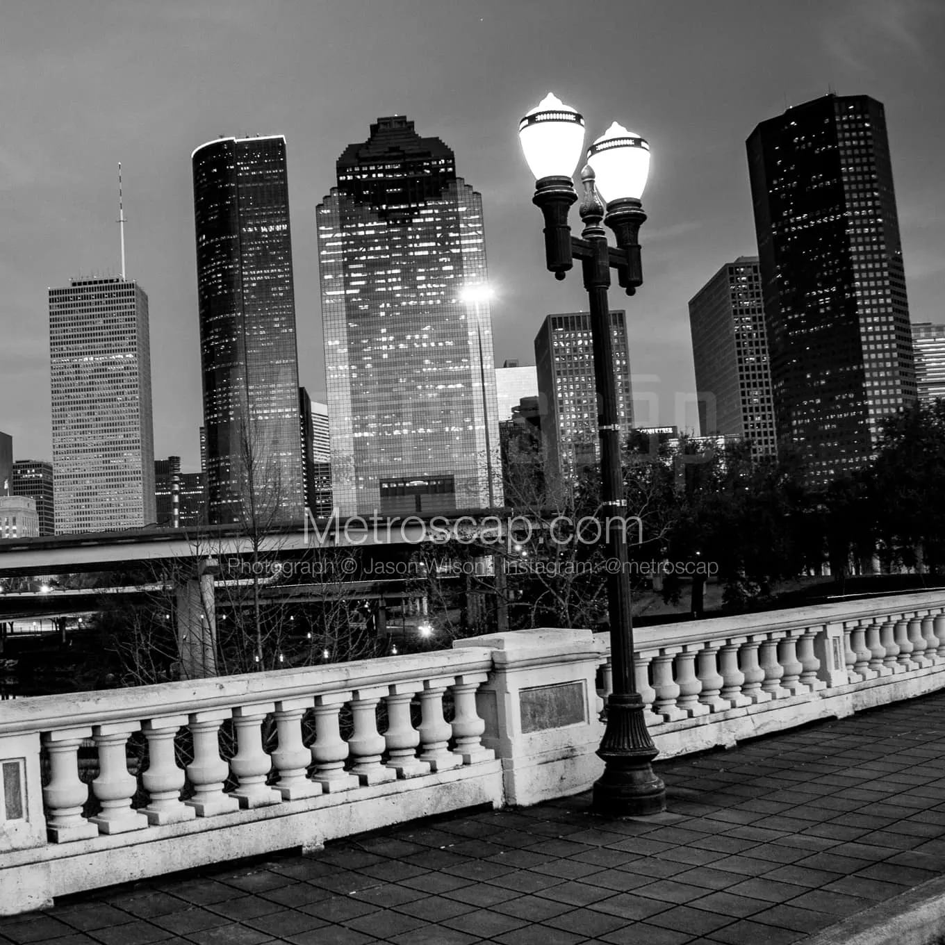 Houston Skyline Sabine Bridge Black and White