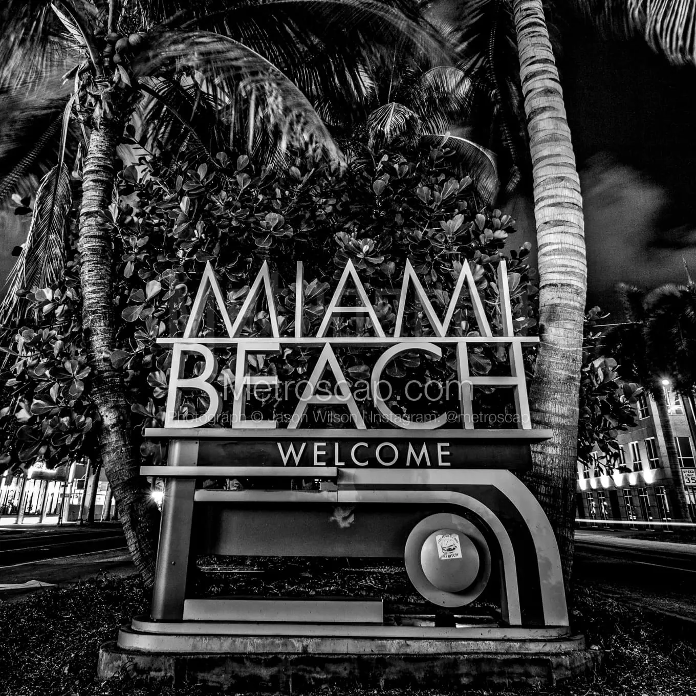 Welcome Miami Beach Sign Black and White