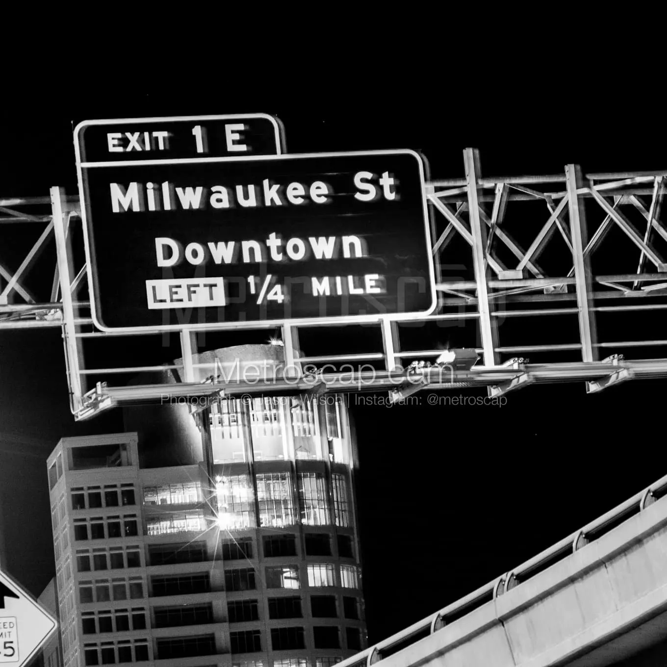 Milwaukee Pictures Black and White: Milwaukee St Downtown Highway Sign