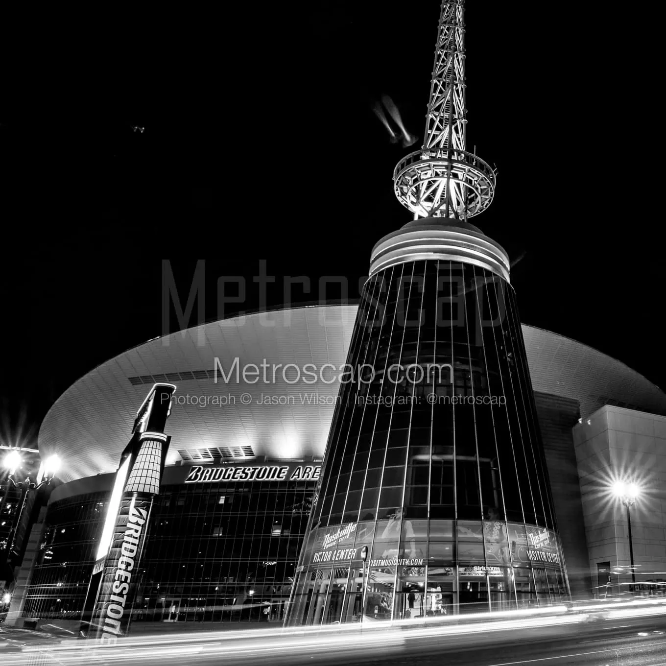 Nashville Pictures Black and White: Bridgestone Arena at Night