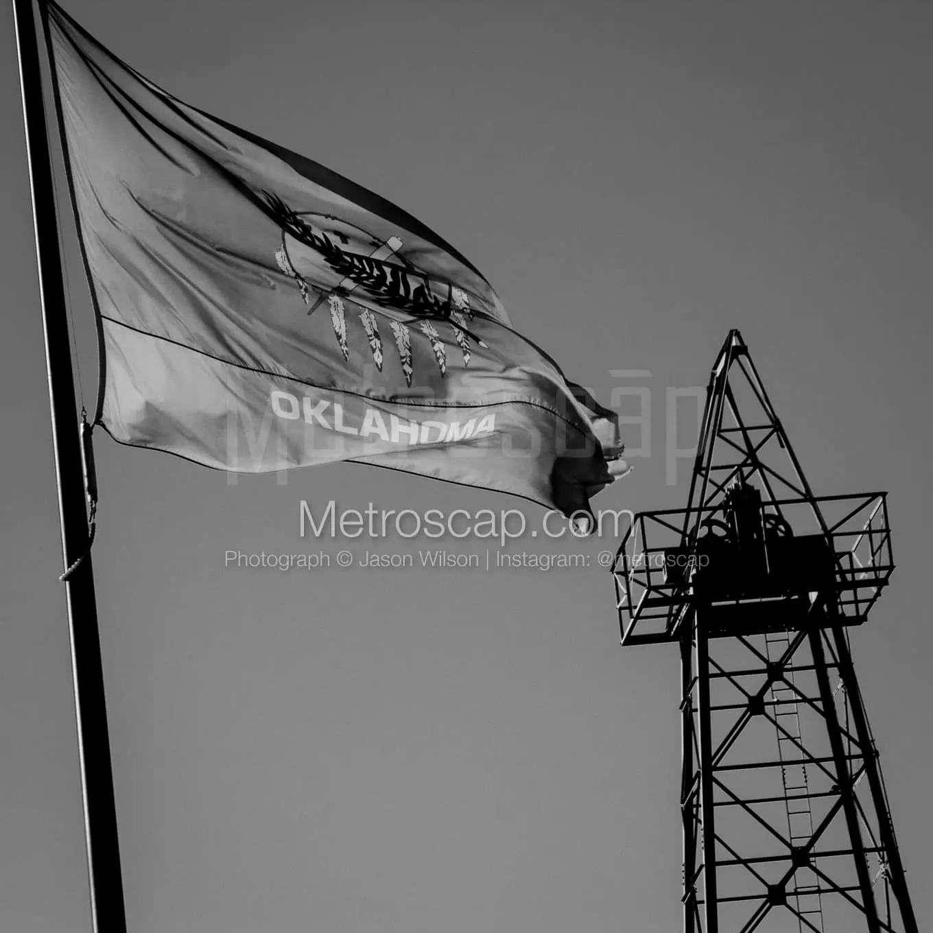 Oklahoma Flag Oil Derrik Black and White