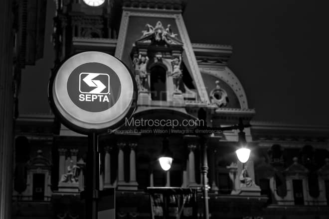 A SEPTA Sign near City Hall black and white Photography