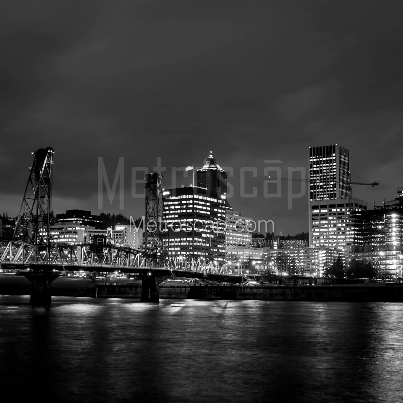 Portland Skyline Eastbank Esplande Black and White
