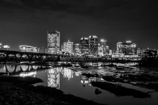 The Richmond Skyline at Night over the James River black and white ...