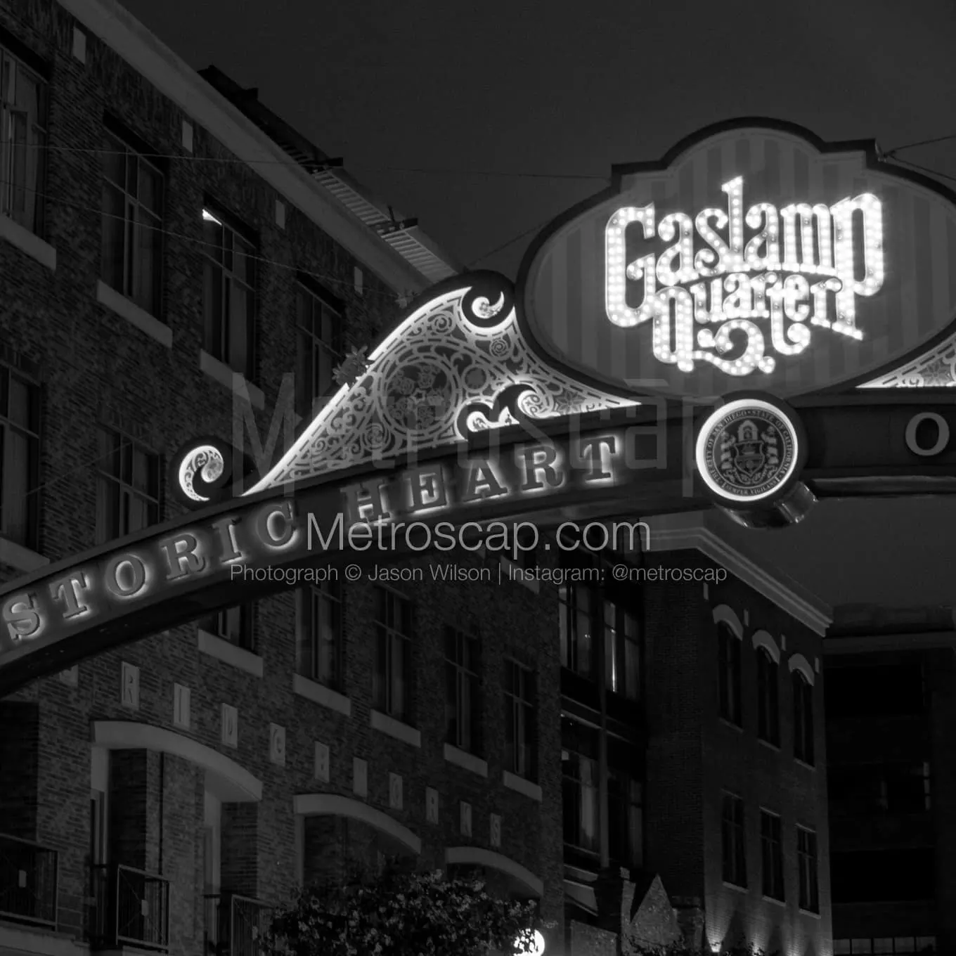 San Diego Photos Black and White: The Gaslamp Quarter Arch Over 5th Avenue