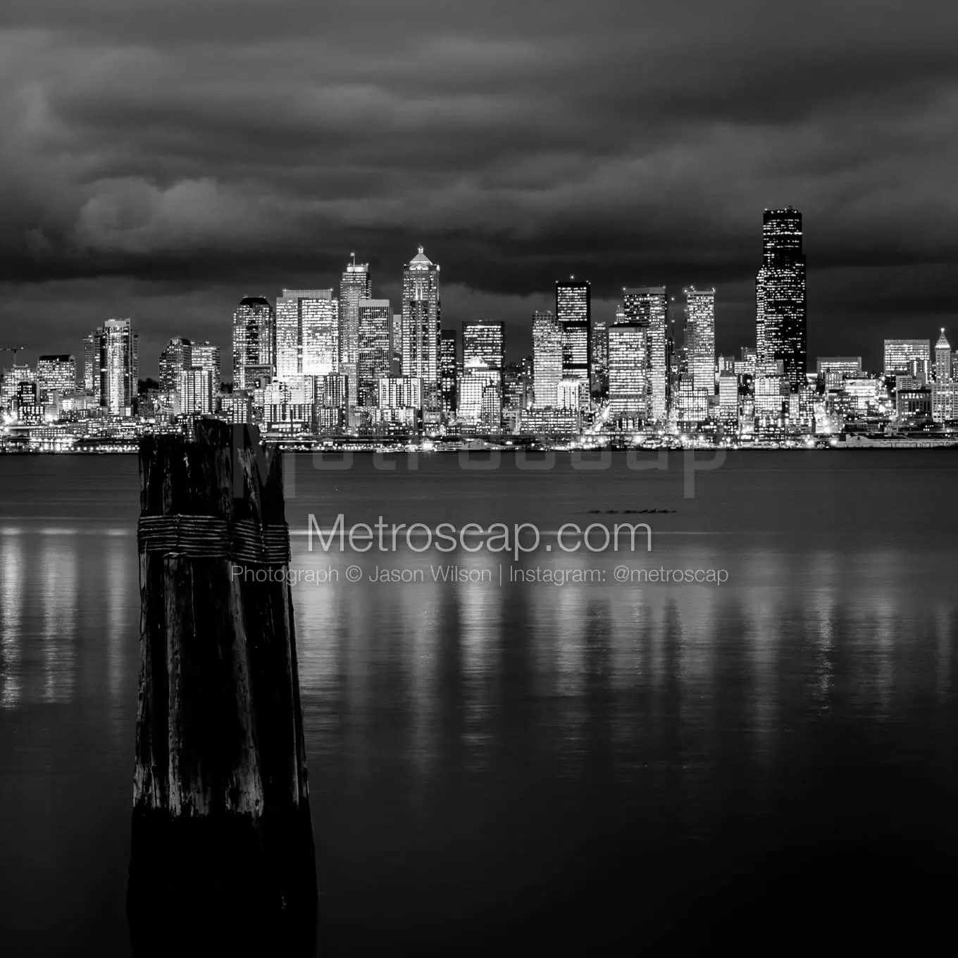Seattle Skyline Elliot Bay Black and White