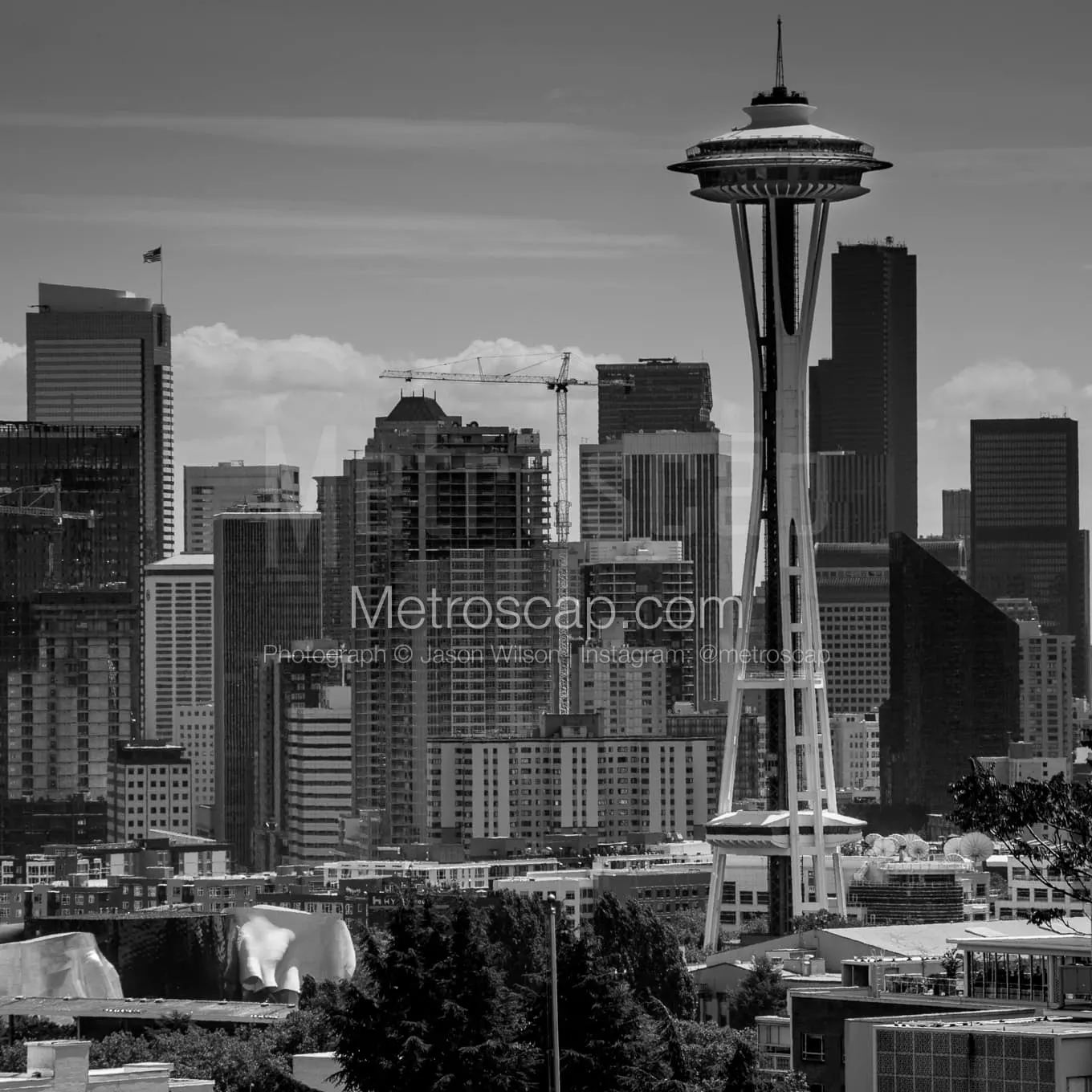 Seattle Skyline Queen Anne Hill Black and White