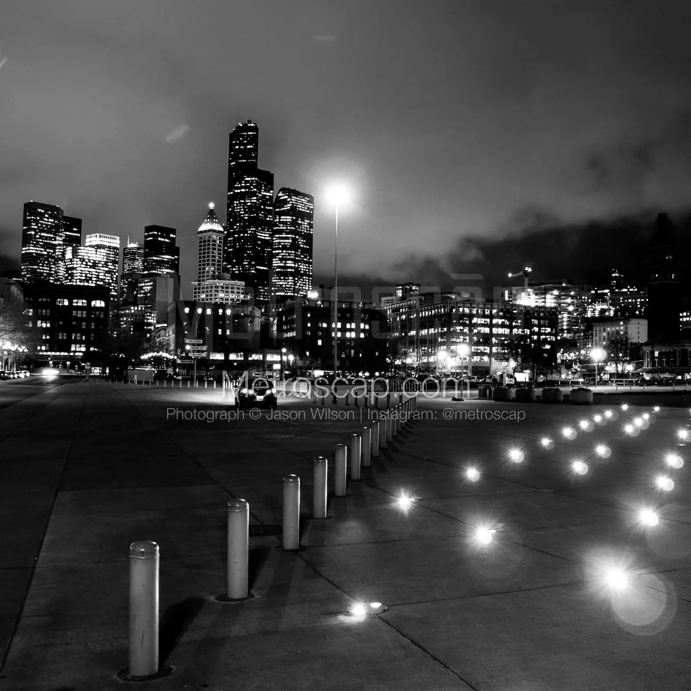 Seattle Skyline Qwest Parking Lot Black and White