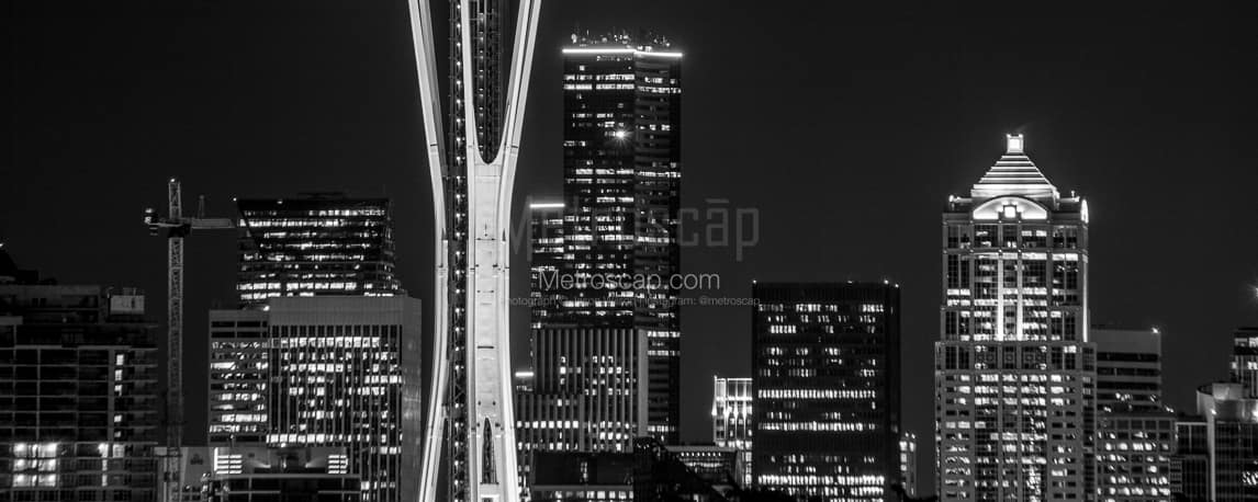 The Seattle Space Needle at Night black and white Photography
