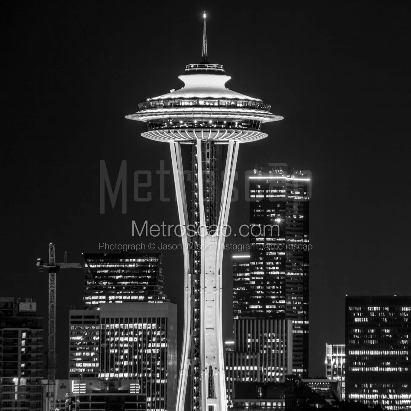 Seattle Photography Black and White: The Seattle Space Needle at Night