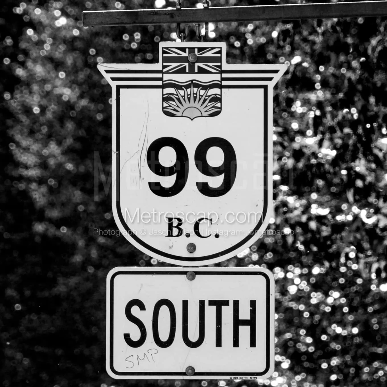 Bc Route 99 South Sign Black and White