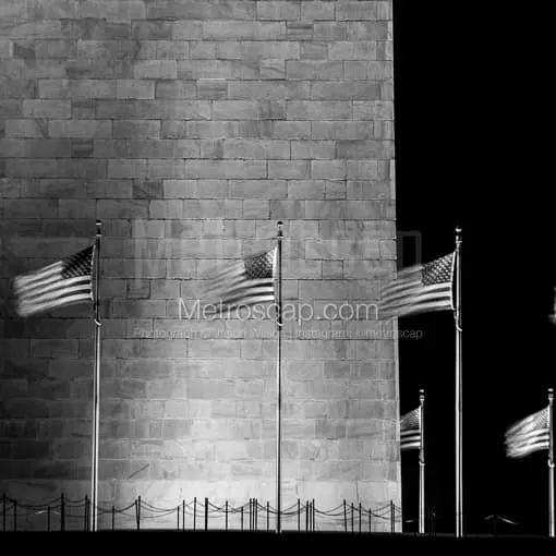Us Flags Washington Monument Black and White